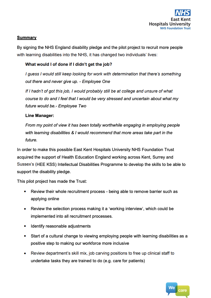 Five Year Forward View: Our Learning Disability Pledge: Employing ...