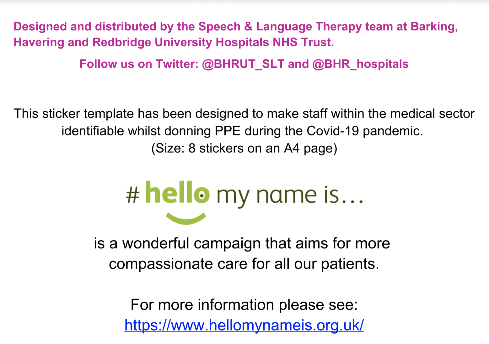 Hellomynameis stickers for those staff wearing PPE | Fab NHS Stuff