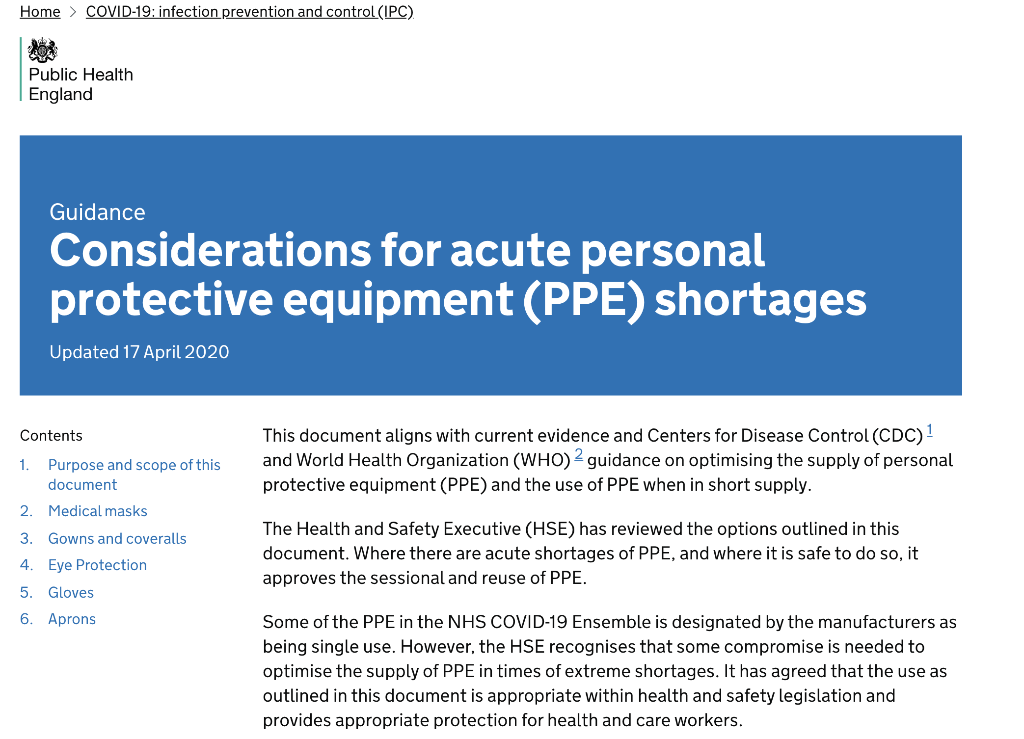Guidance on managing shortages of PPE | Fab NHS Stuff