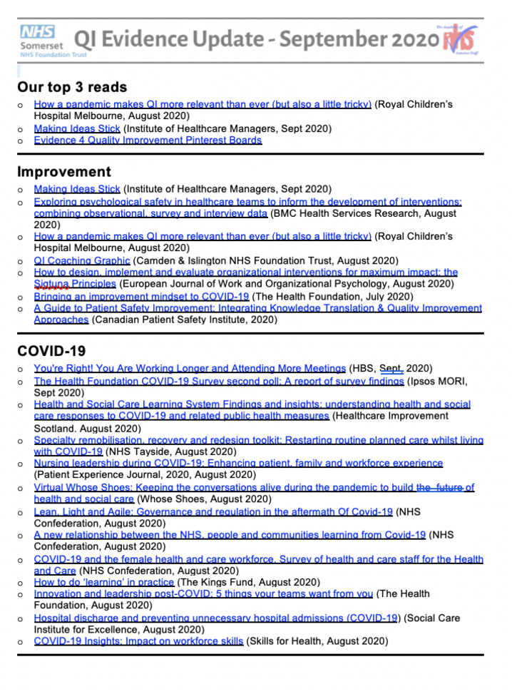 QI Evidence Monthly updates (including COVID-19 Evidence) | Fab NHS Stuff
