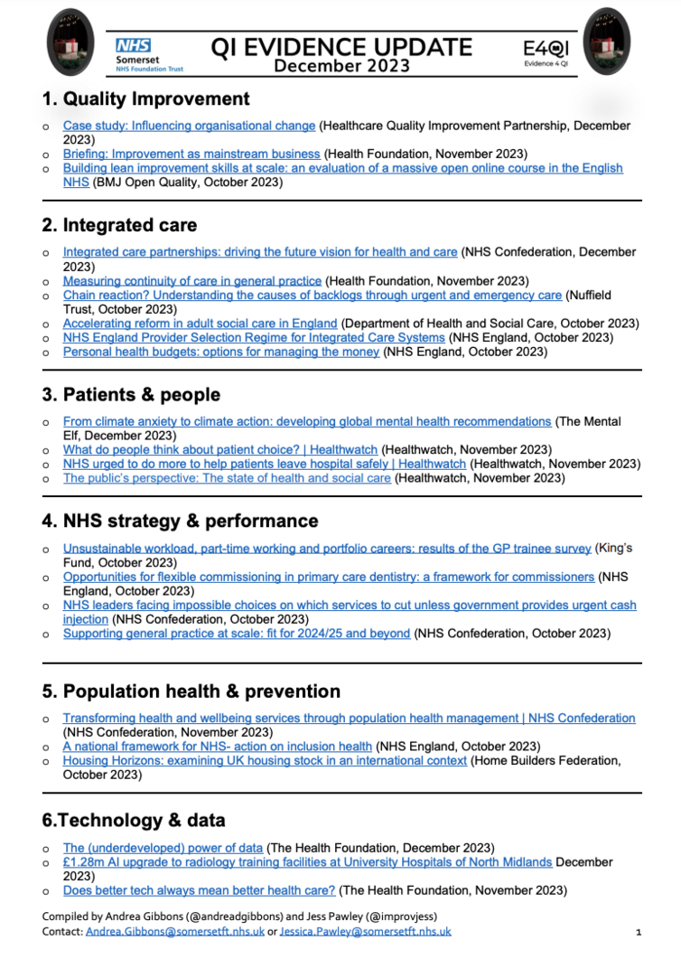 QI Evidence Monthly updates | Fab NHS Stuff